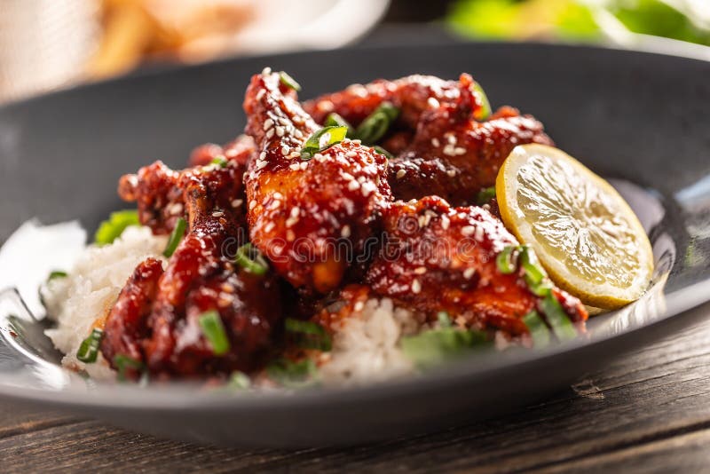 Marinated Glazed Sticky Chicken Thighs with Seesame Served with Rice ...