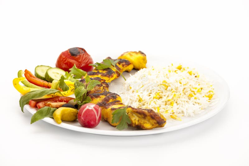 Marinated and Grilled Chicken Kebab with Rice Stock Photo - Image of ...