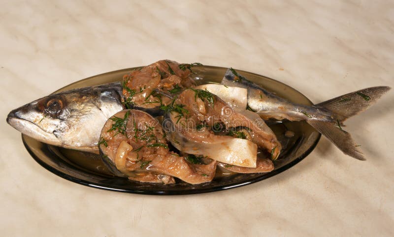 Marinated Mackerel on a Black Fish Stock Photo - Image of scandinavian ...