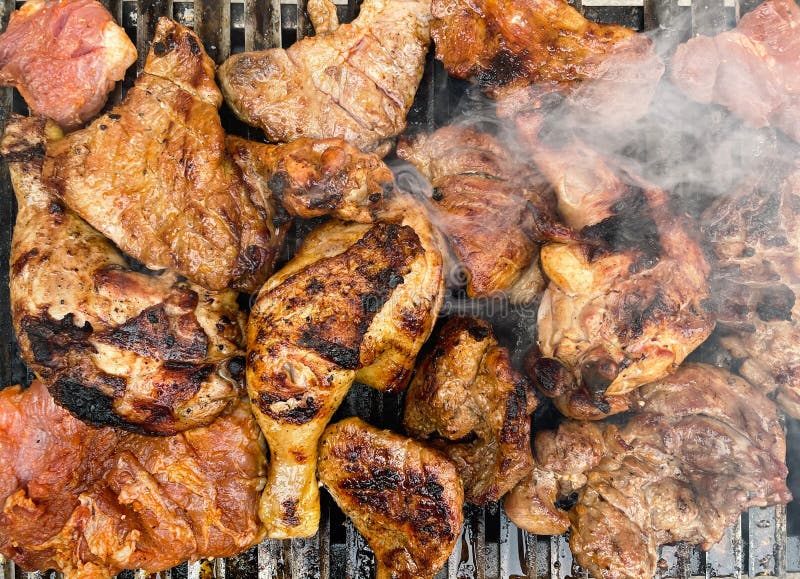 Marinated Meat on Charcoal Grill Bbq Grilling Chicken and Pork Stock ...