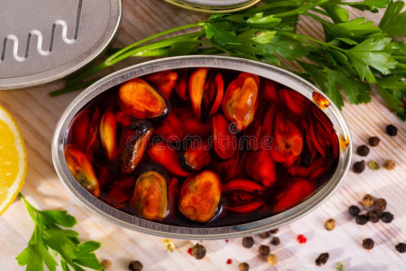 Marinated in oil mussels stock image. Image of portion - 234933235