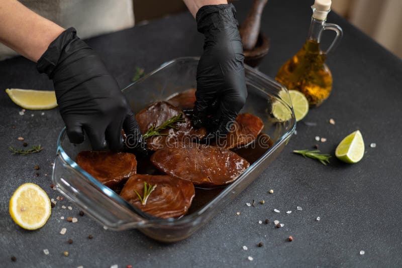 Marinated Pieces of Fresh Tuna Fish Fillet in Glass Cooking Dish on a ...