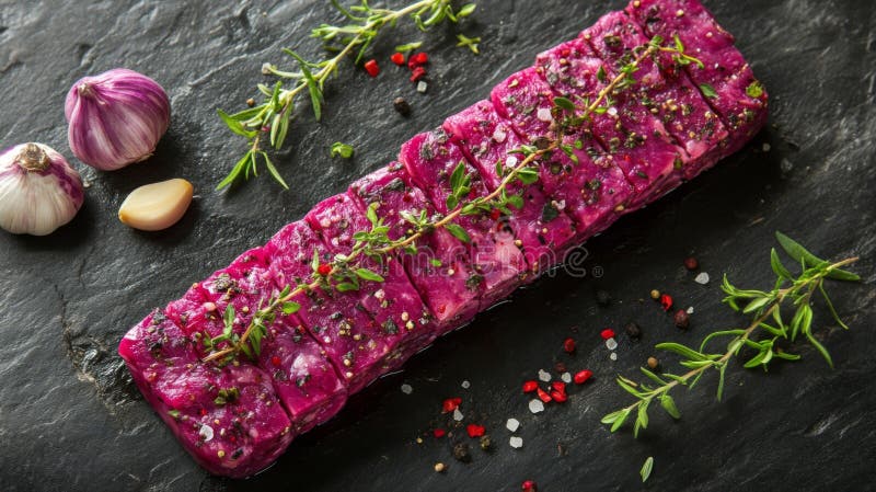 Marinated Purple Beef Steak with Herbs on Dark Stone Stock Illustration ...
