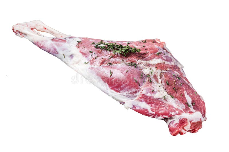 Marinated Raw Lamb Mutton Leg Thigh with Thyme and Spices. Isolated ...