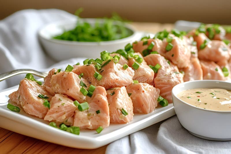Marinated Salmon Chunks with Chives and Creamy Sauce on White Platter ...
