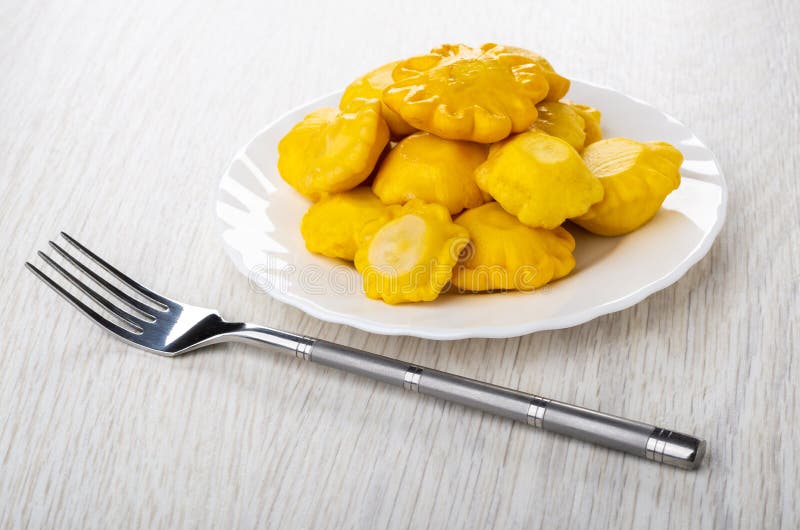 Marinated Squash in Plate, Fork on Table Stock Photo - Image of food ...