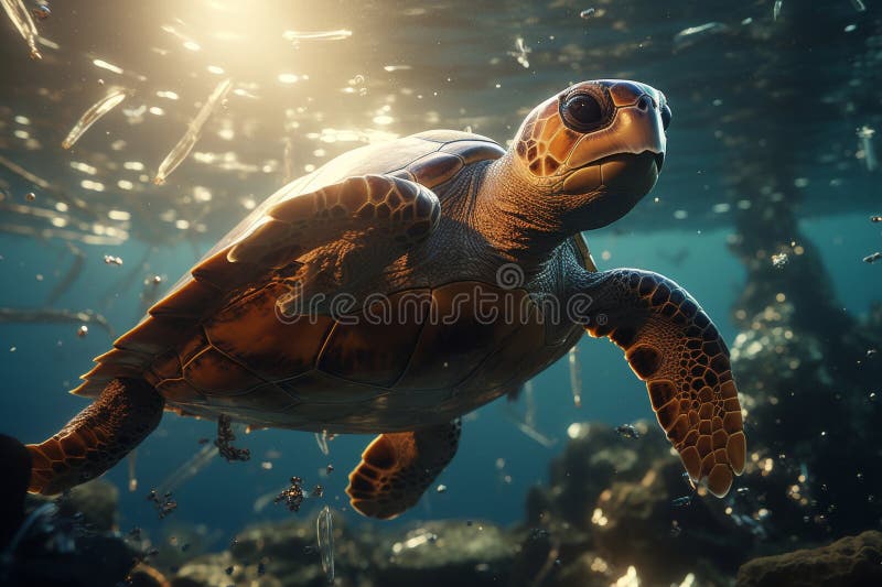 Marine Animals Turtle Entangled in Plastic Debris. Underwater Pollution ...