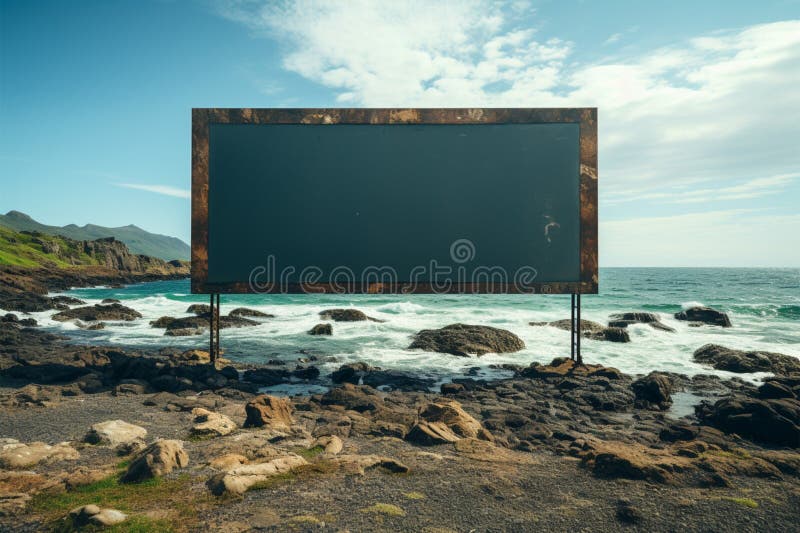 Marine Billboard Canvas Empty Frame Set on Beach with Ocean Panorama ...