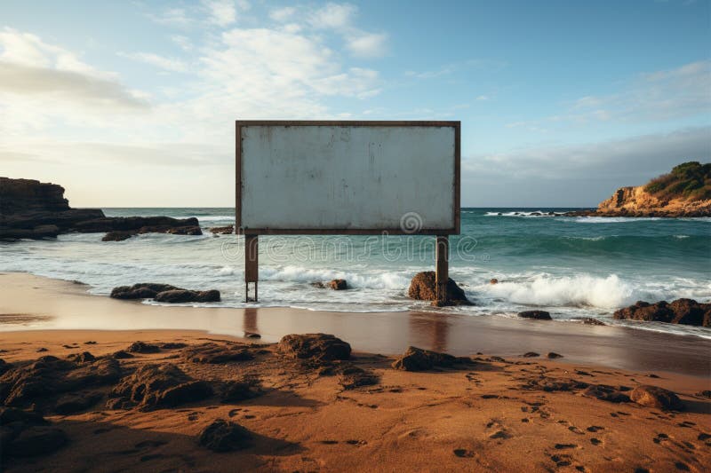 Marine Billboard Canvas Empty Frame Set on Beach with Ocean Panorama ...