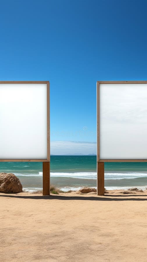 Marine Billboard Canvas Empty Frame Set on Beach with Ocean Panorama ...
