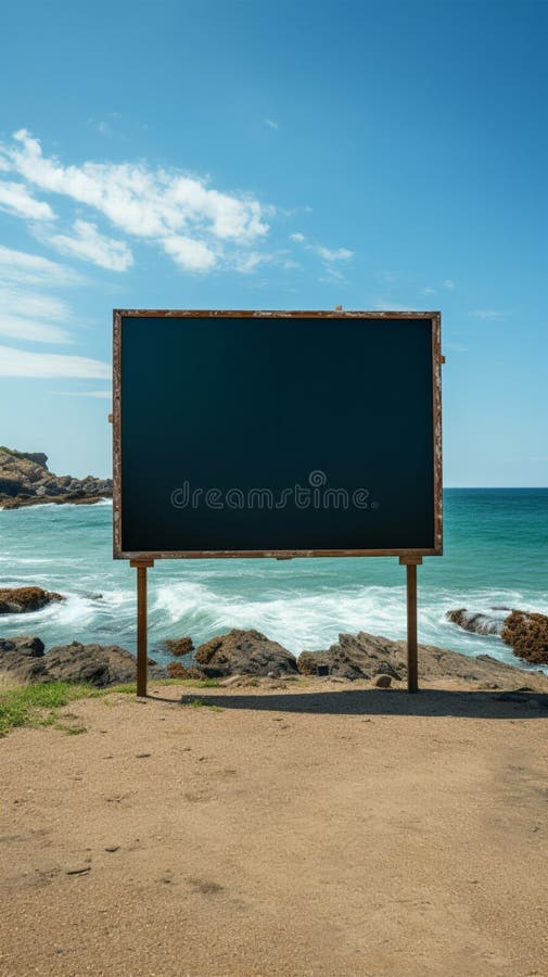 Marine Billboard Canvas Empty Frame Set on Beach with Ocean Panorama ...