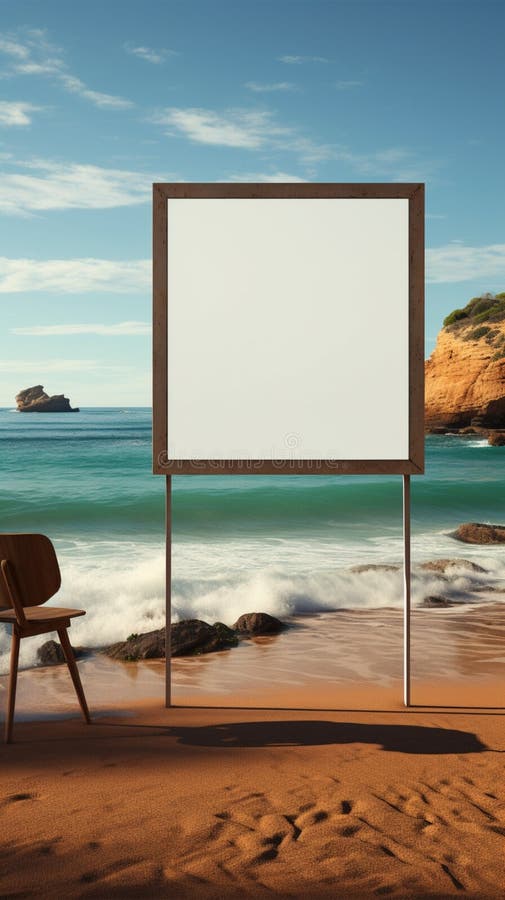 Marine Billboard Canvas Empty Frame Set on Beach with Ocean Panorama ...