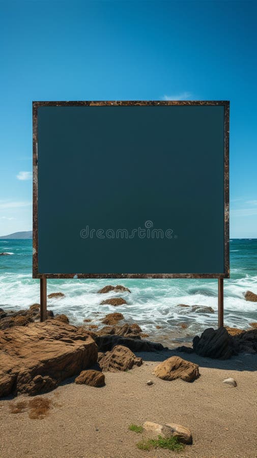 Marine Billboard Canvas Empty Frame Set on Beach with Ocean Panorama ...