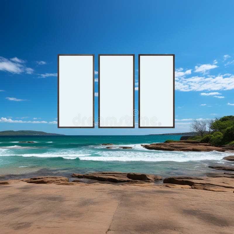 Marine Billboard Canvas Empty Frame Set on Beach with Ocean Panorama ...