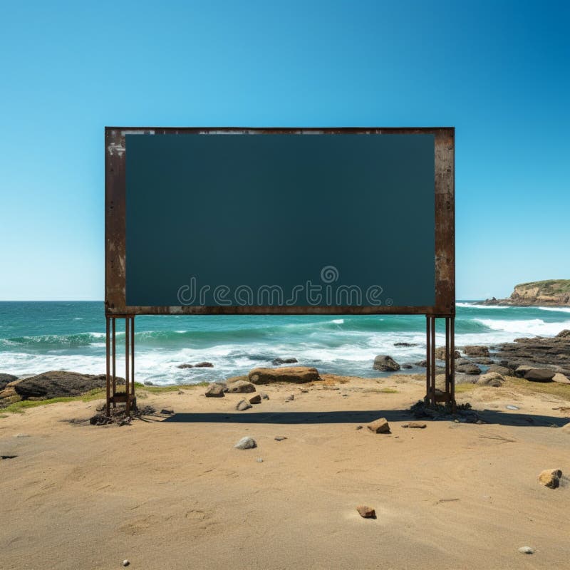 Marine Billboard Canvas Empty Frame Set on Beach with Ocean Panorama ...