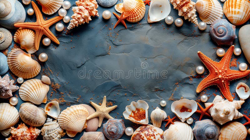 Marine Border Frame with Seashells, Starfish, Pearls on Dark Blue ...
