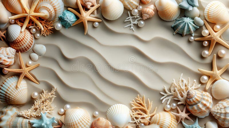 Marine Border Frame with Seashells, Starfish, Pearls on Sand Background ...