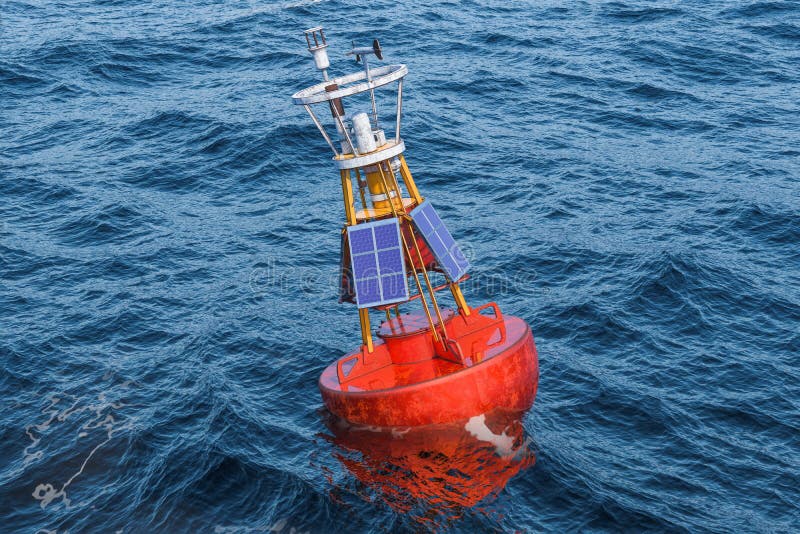 Marine Buoy with Solar Panels in the Open Sea, 3D Rendering Stock ...