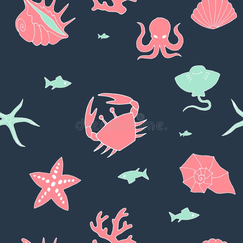 Marine Color Background with a Shark Hammer and Starfish. Summer Vector ...
