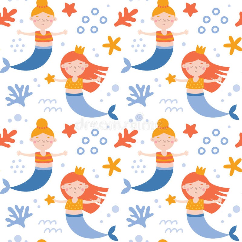 Marine Cute Seamless Vector Pattern with Mermaids, Algae, Starfish ...