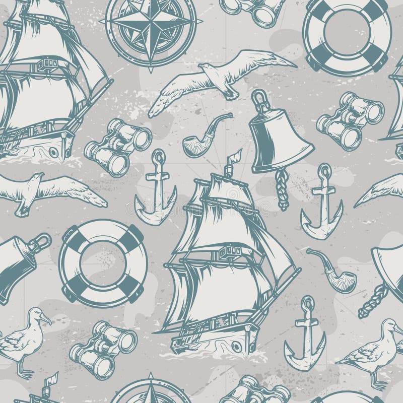 Marine Elements Monochrome Seamless Pattern Stock Vector - Illustration ...