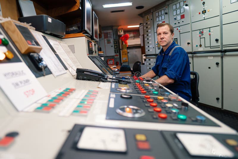 Marine Engineer Officer Controlling Vessel Engines and Propulsion in ...