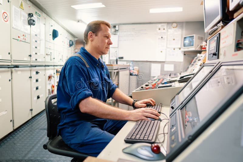 Marine Engineer Officer Controlling Vessel Engines and Propulsion in ...