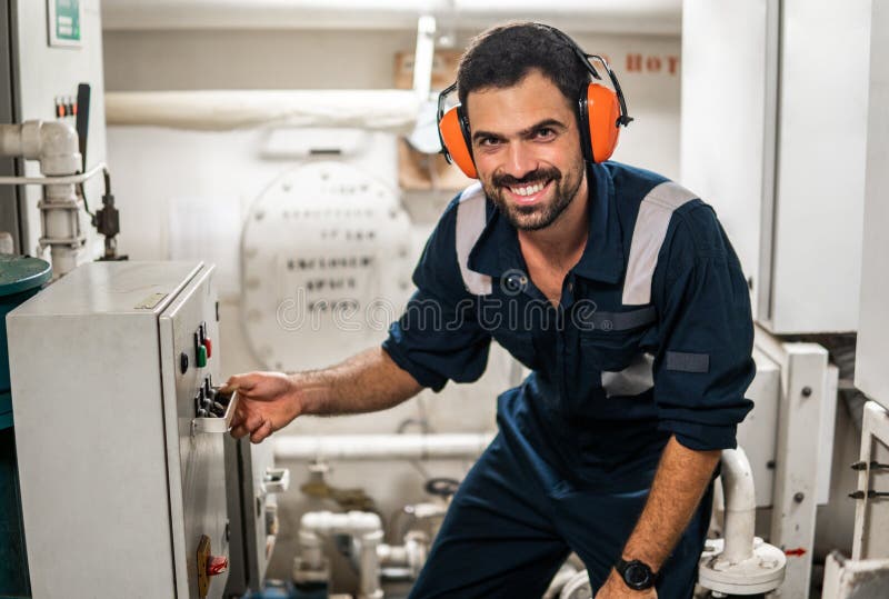 Marine Engineer Officer Working in Engine Room Stock Image - Image of ...