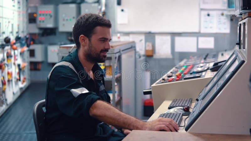 Marine Engineer Officer Working in Engine Room Stock Footage - Video of ...