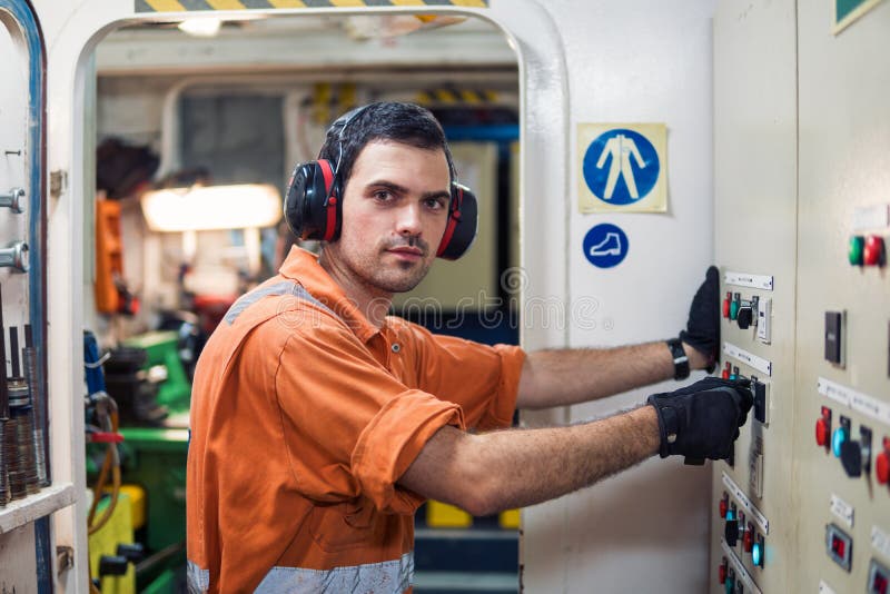 Marine Engineer Officer Starts or Stops Main Engine of Ship Stock Image ...