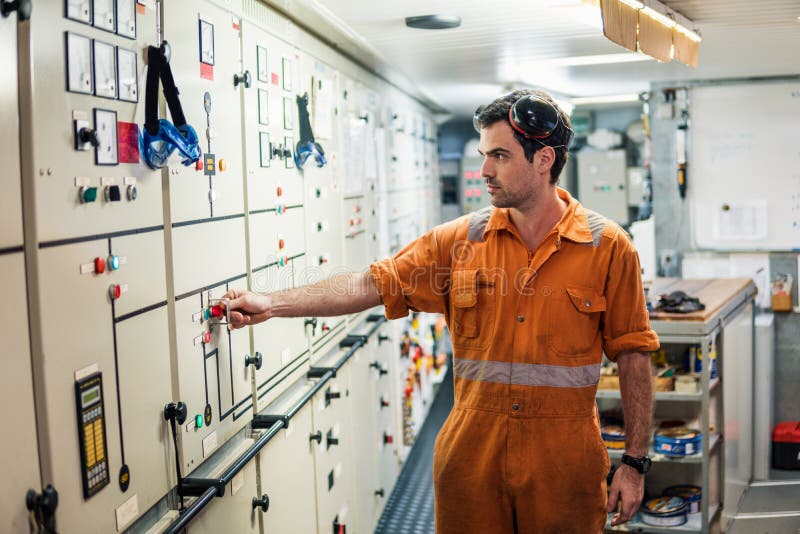 Marine Engineer Officer Starts or Stops Main Engine of Ship Stock Image ...
