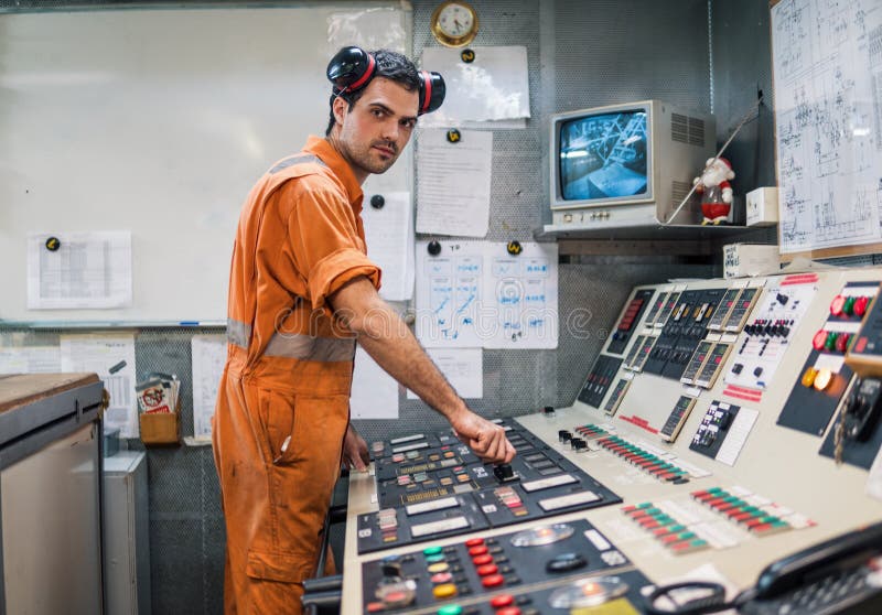 Marine Engineer Officer Starts or Stops Main Engine of Ship Stock Photo ...