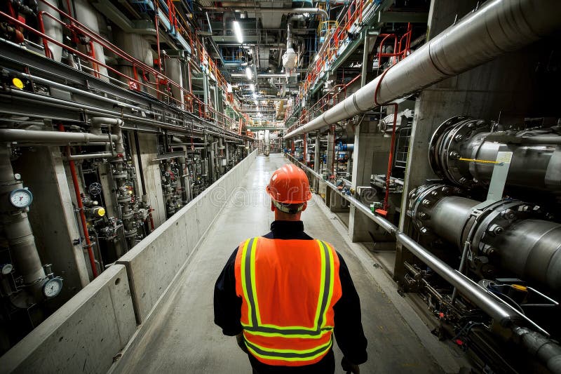 Inside Engine Room of Marine Engineering Facility with Worker in Safety ...