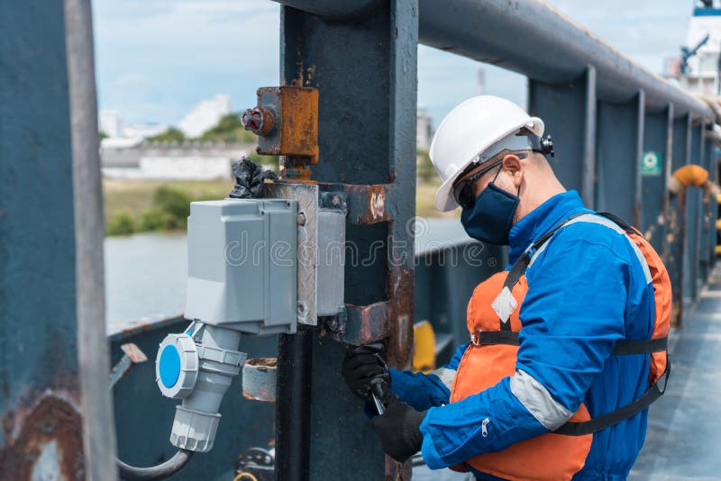 Marine Engineering Officer Doing Work on the Seagoing Vessel with ...