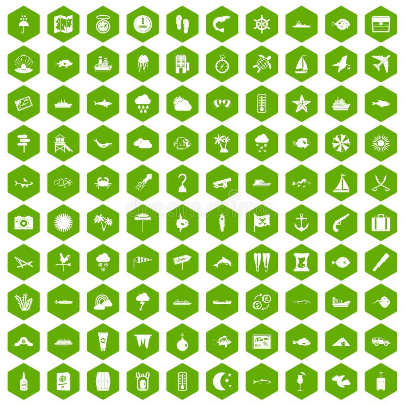 100 Marine Environment Icons Hexagon Green Stock Vector - Illustration ...