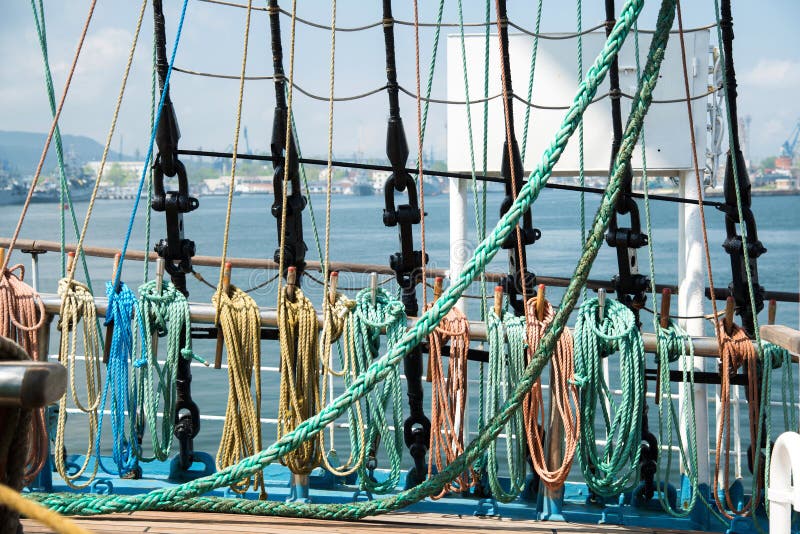 Marine Equipment on the Deck of a Ship. Marine Ropes and Different ...
