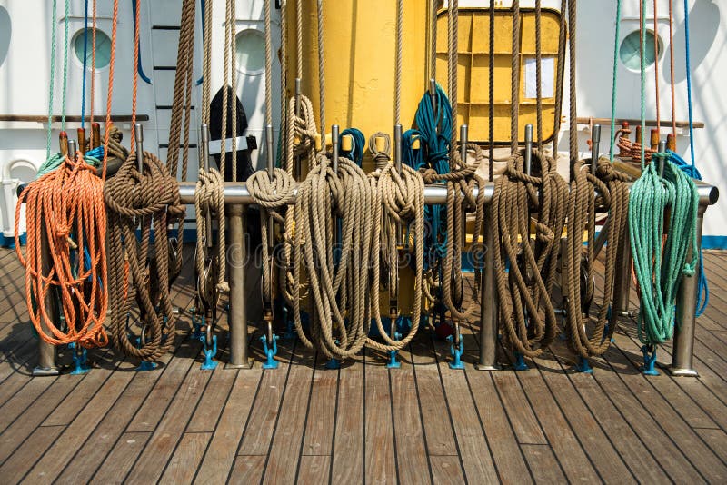 Marine Equipment on the Deck of a Ship. Marine Ropes and Different ...