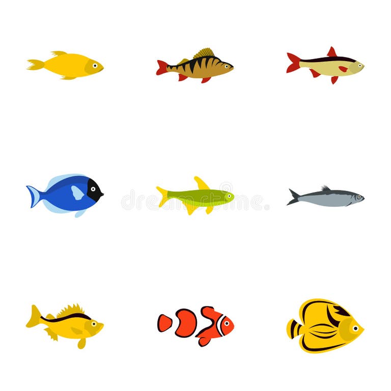Marine Fish Icons Set, Flat Style Stock Vector - Illustration of exotic ...