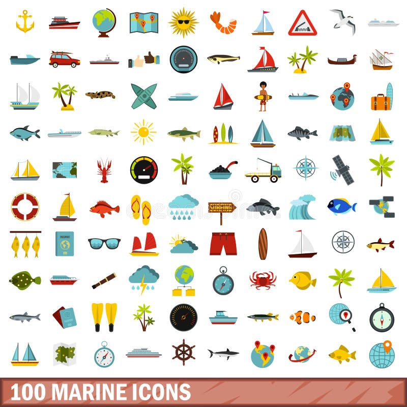 100 Marine Icons Set, Flat Style Stock Vector - Illustration of globe ...