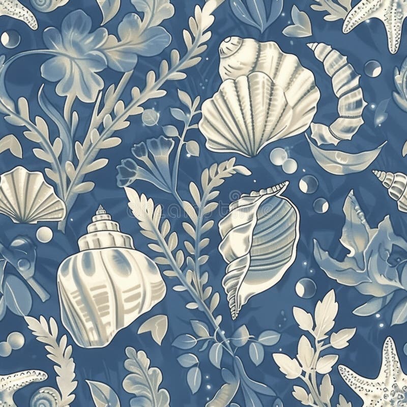 Marine-Inspired Blue Pattern with Seashells and Ocean Flora Stock Photo ...