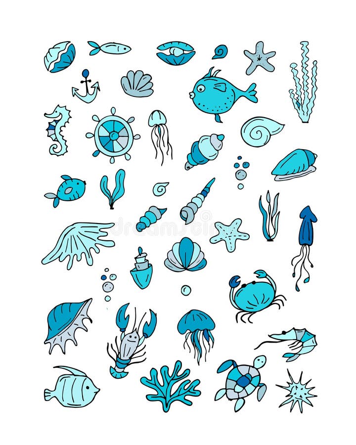 Marine Life, Collection of Sketches for Your Design Stock Vector ...