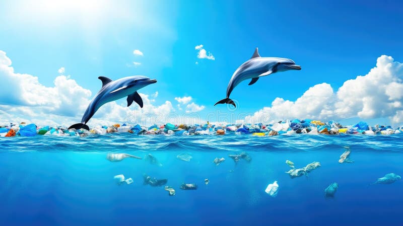 Marine Life Confronts Floating Trash in Ocean. Stock Illustration ...