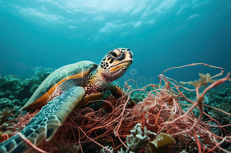 Marine Life Entangled or Harmed by Plastic Waste in an Underwater ...