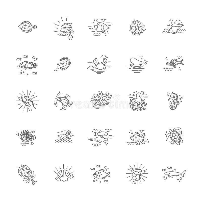 Marine Life Icon Set. Nautical Design Elements Isolated on Background ...