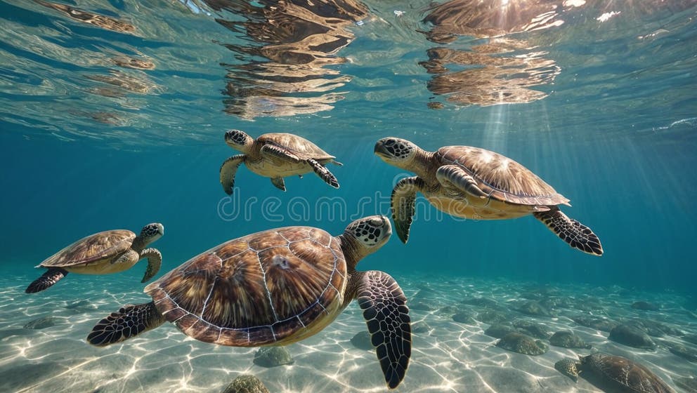 Marine Life Magic Sunlit Reef with Gliding Sea Turtles Stock ...