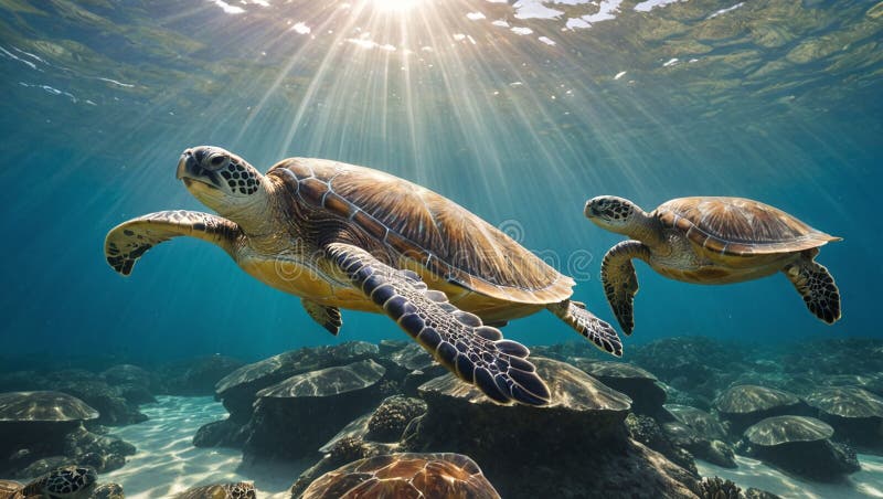 Marine Life Magic Sunlit Reef with Gliding Sea Turtles Stock ...