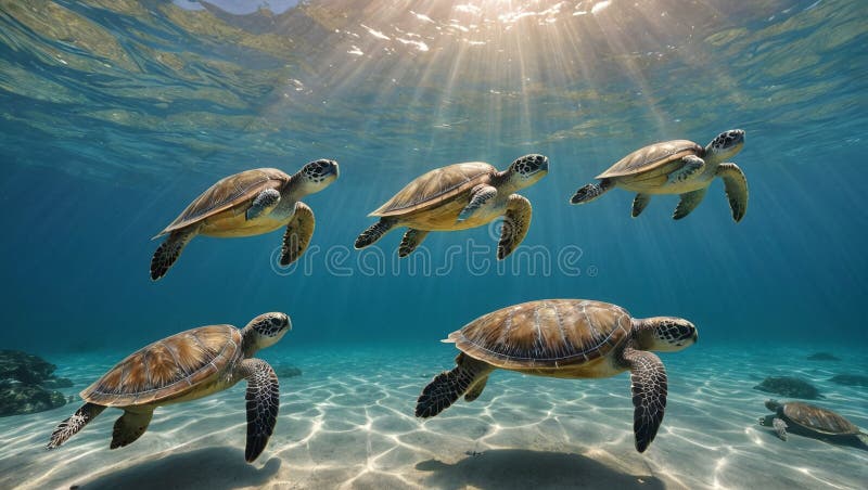 Marine Life Magic Sunlit Reef with Gliding Sea Turtles Stock ...