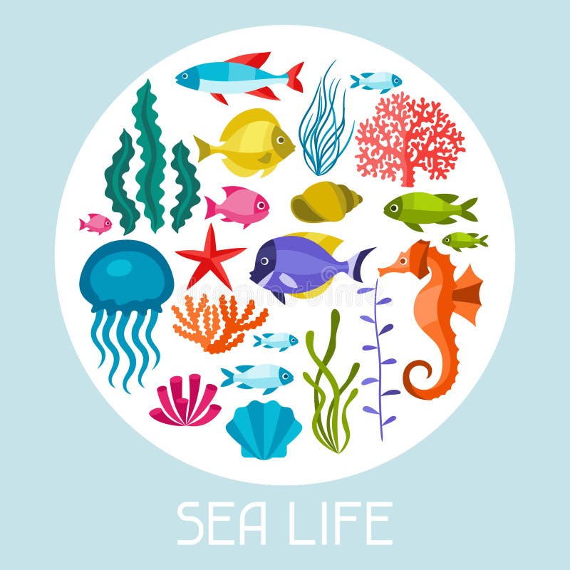 Marine Life Set of Icons, Objects and Sea Animals Stock Vector ...