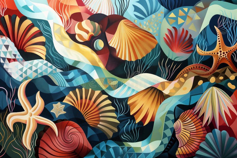 Marine Life with Starfish, Shell, and Seaweed Abstract Background Stock ...