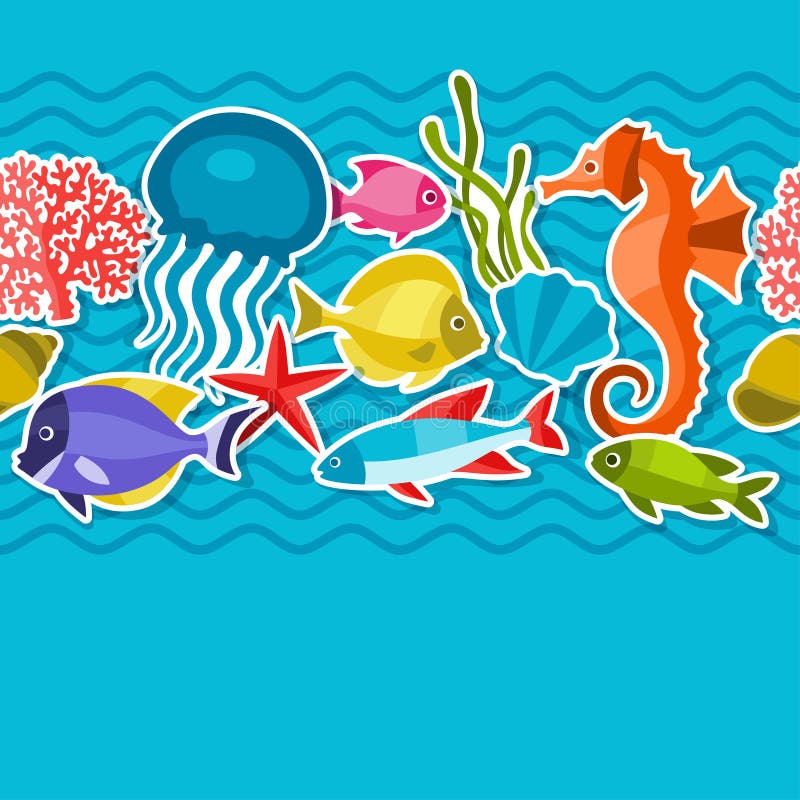 Marine Life Sticker Seamless Pattern with Sea Stock Vector ...